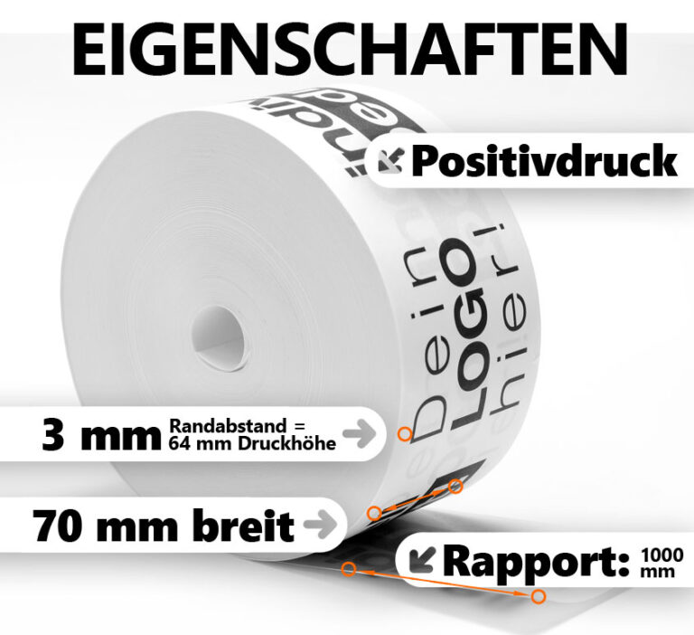 Nassklebeband inkl. Druck, 70 mm, weiß, unverstärkt